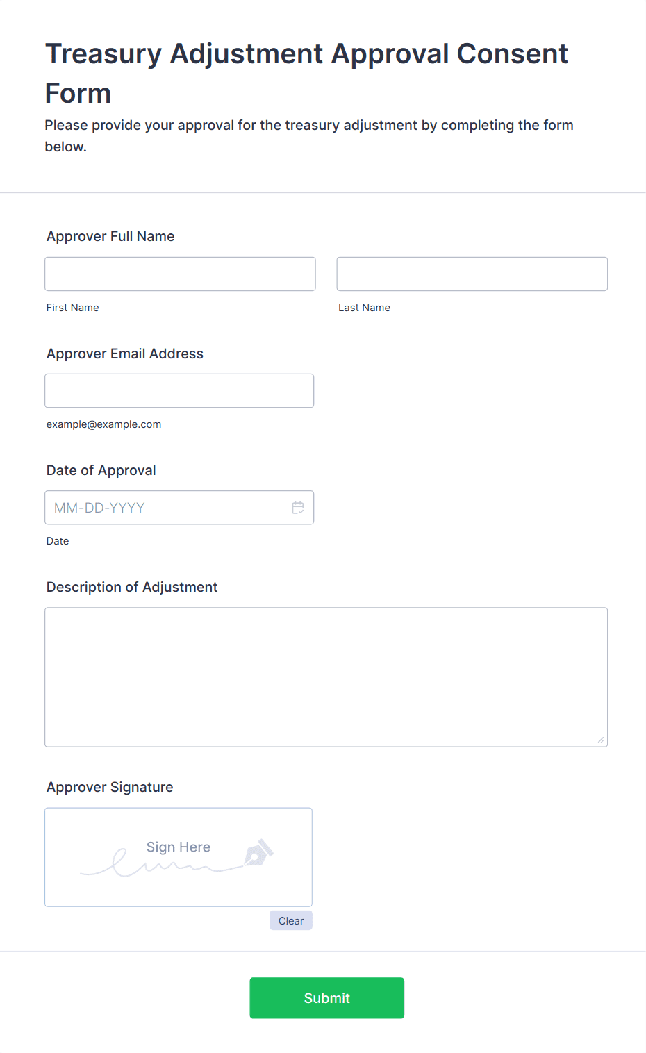 Treasury Adjustment Approval Consent Form Template | Jotform