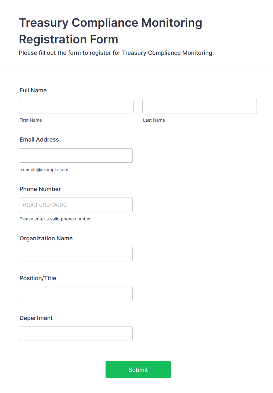 Treasury Compliance Monitoring Registration Form Template | Jotform