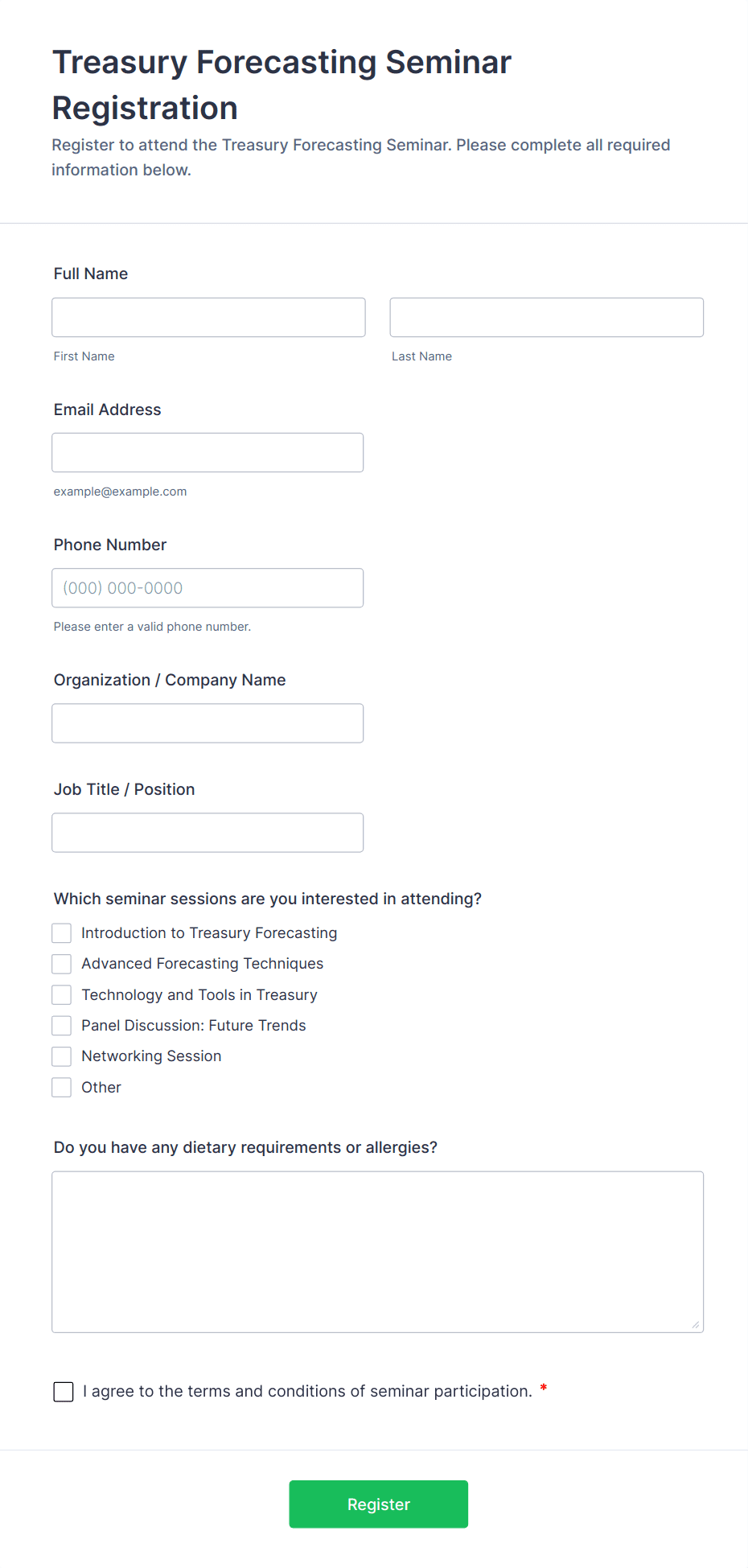 Treasury Forecasting Seminar Registration Form Template | Jotform