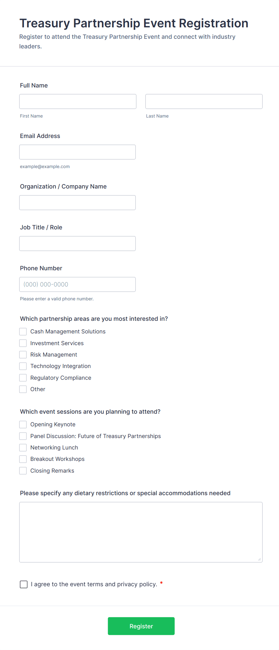 Treasury Partnership Event Registration Form Template | Jotform