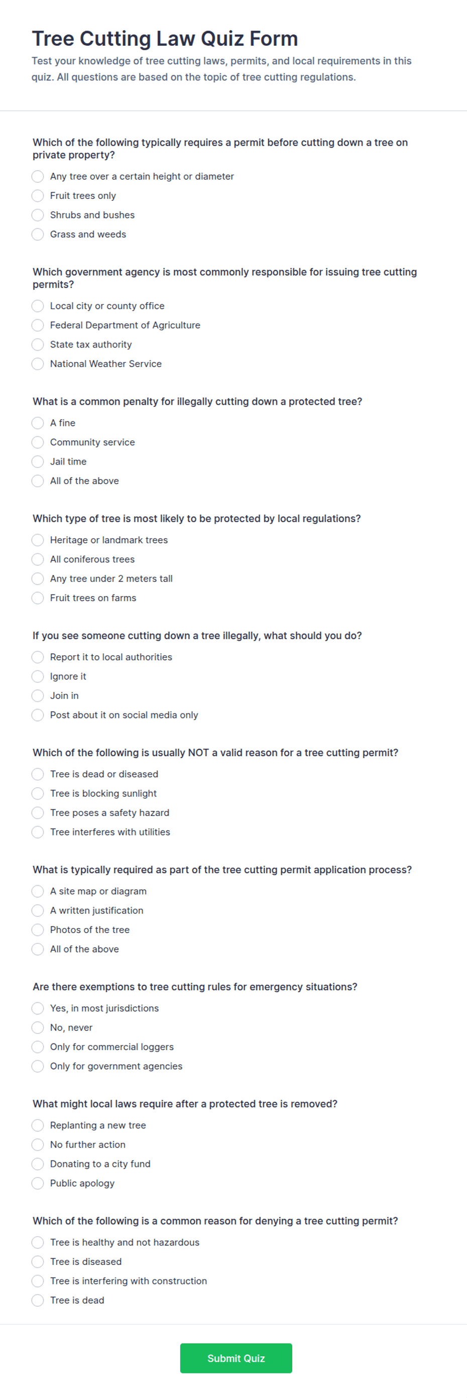 Tree Cutting Law Quiz Form Template | Jotform