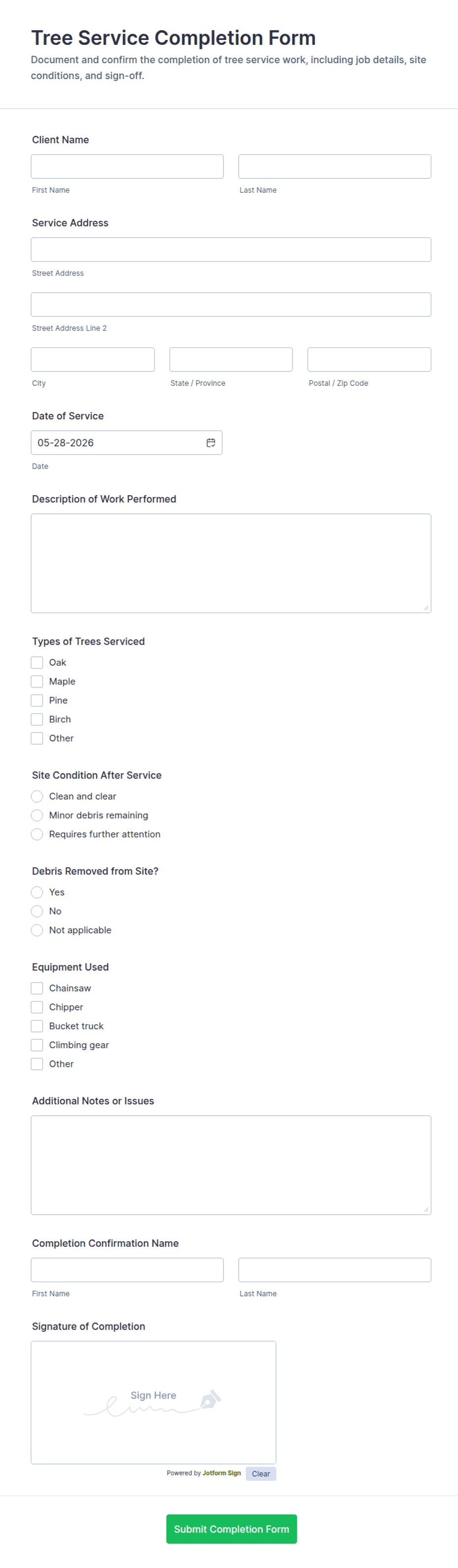 Tree Service Completion Form Template | Jotform