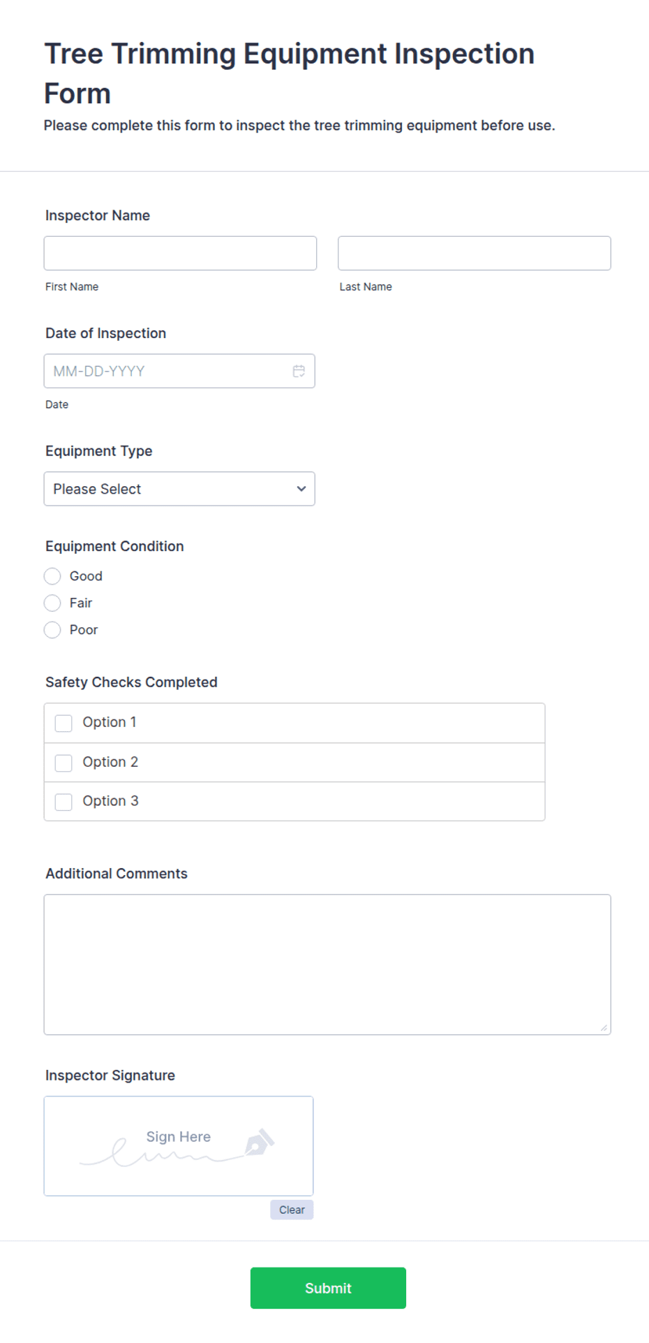 Tree Trimming Equipment Inspection Form Template | Jotform