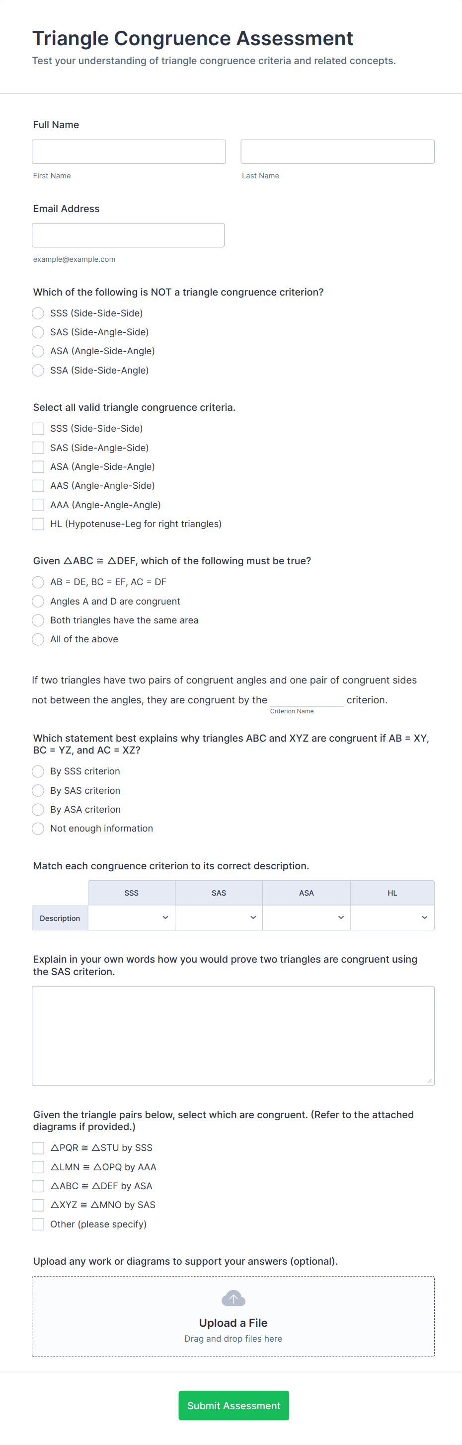 Triangle Congruence Assessment Form Template | Jotform