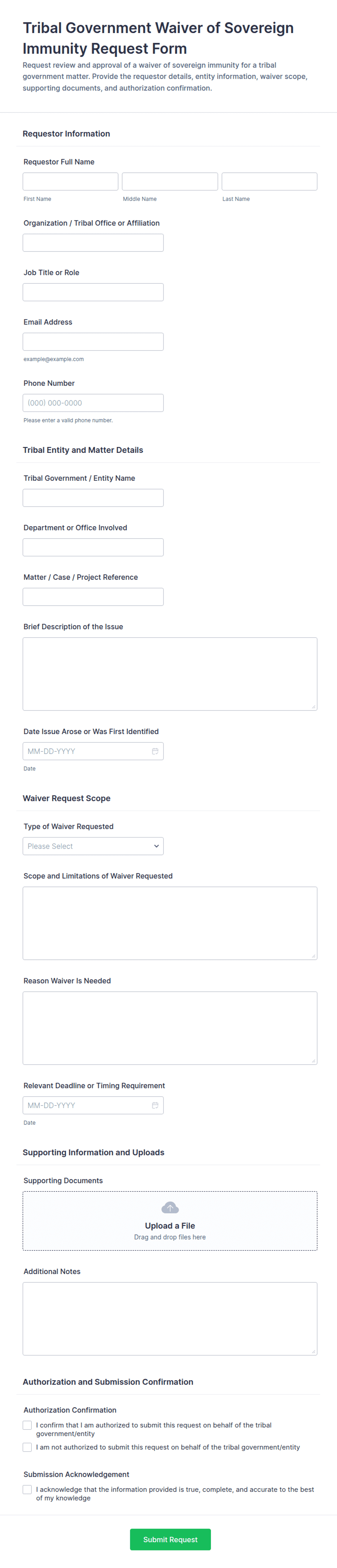 Tribal Government Waiver of Sovereign Immunity Request Form Template ...