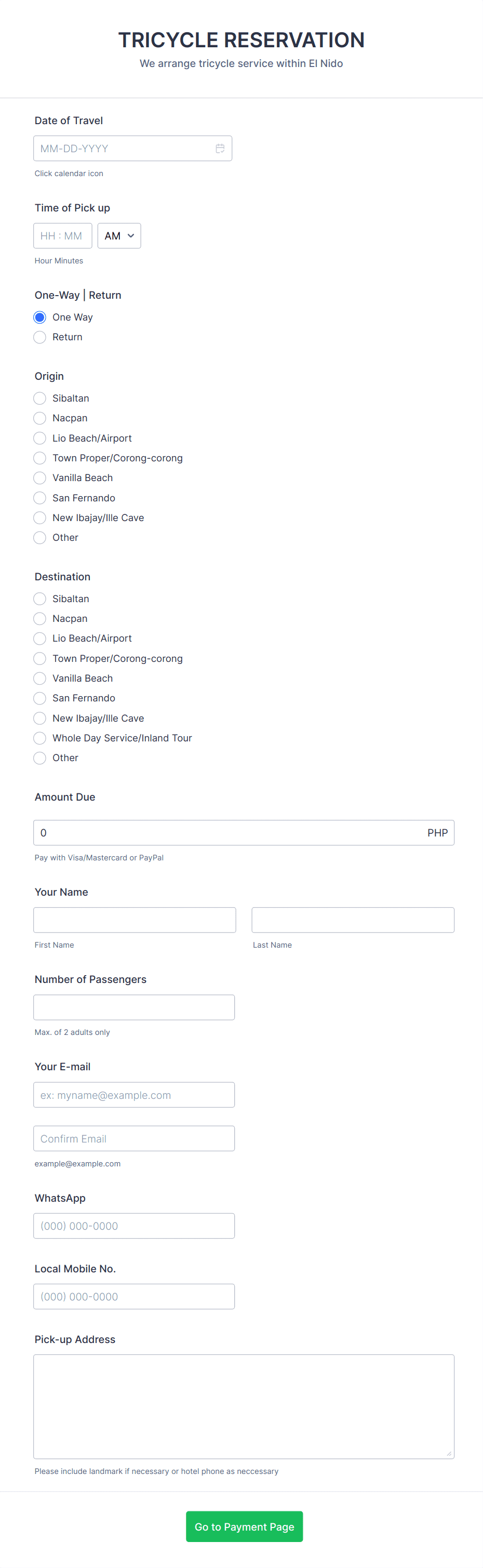 Tricycle Reservation Form Template | Jotform