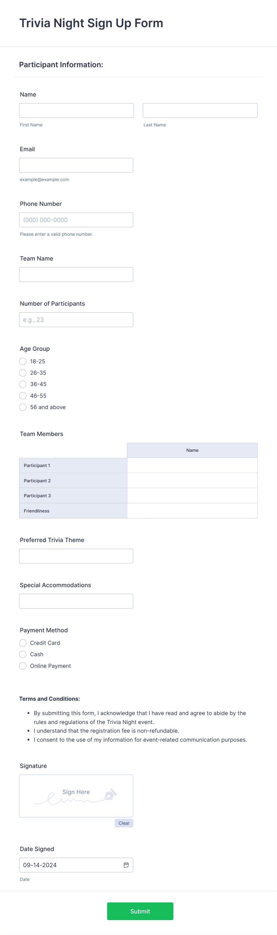 Trivia Night Sign Up Form Template | Jotform