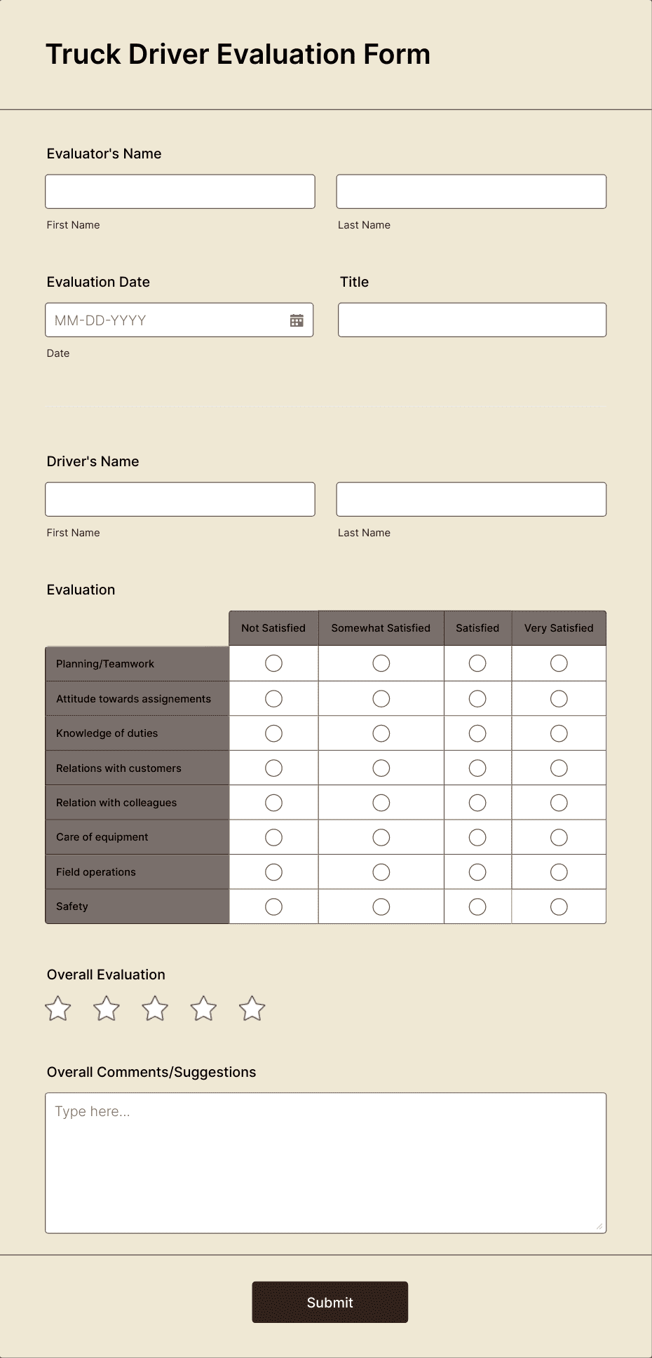 Truck Driver Evaluation Form Template | Jotform