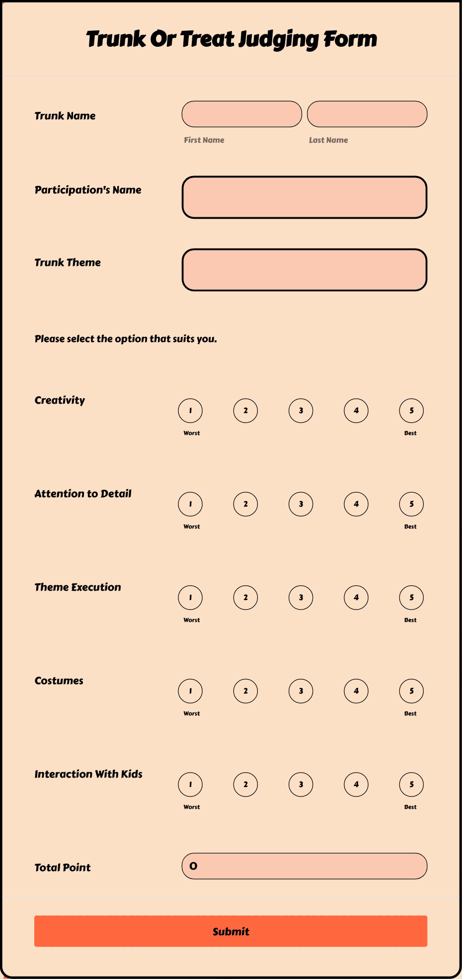 Trunk Or Treat Judging Form Template | Jotform