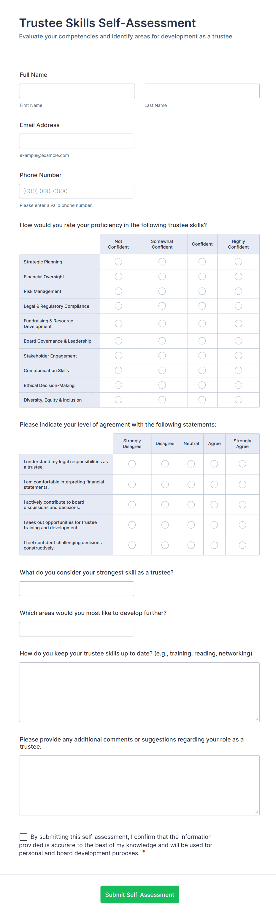 Trustee Skills Self-Assessment Form Template | Jotform