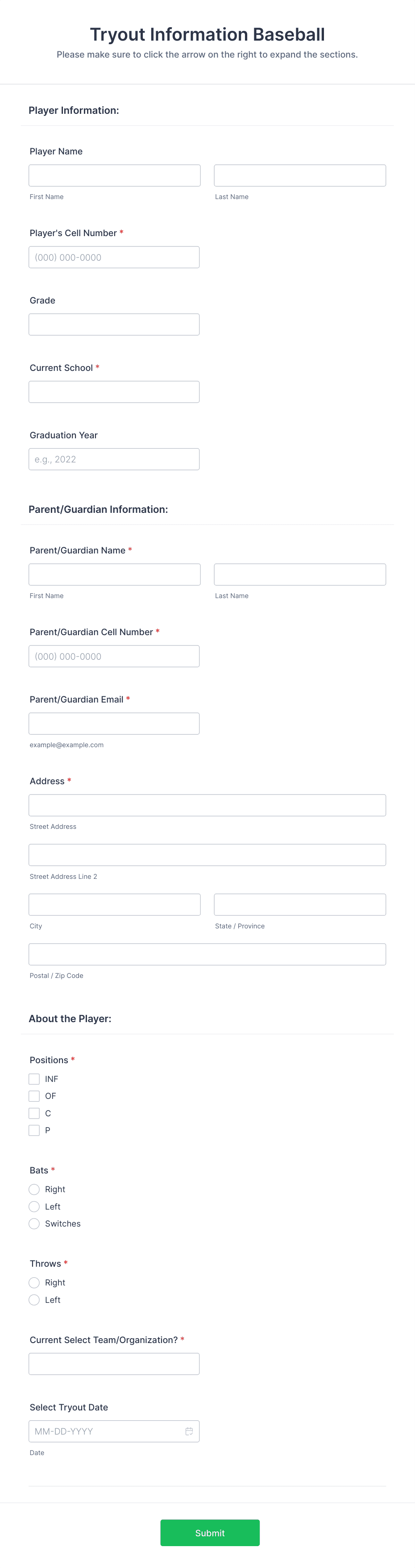 Baseball Tryout Information Form Template | Jotform