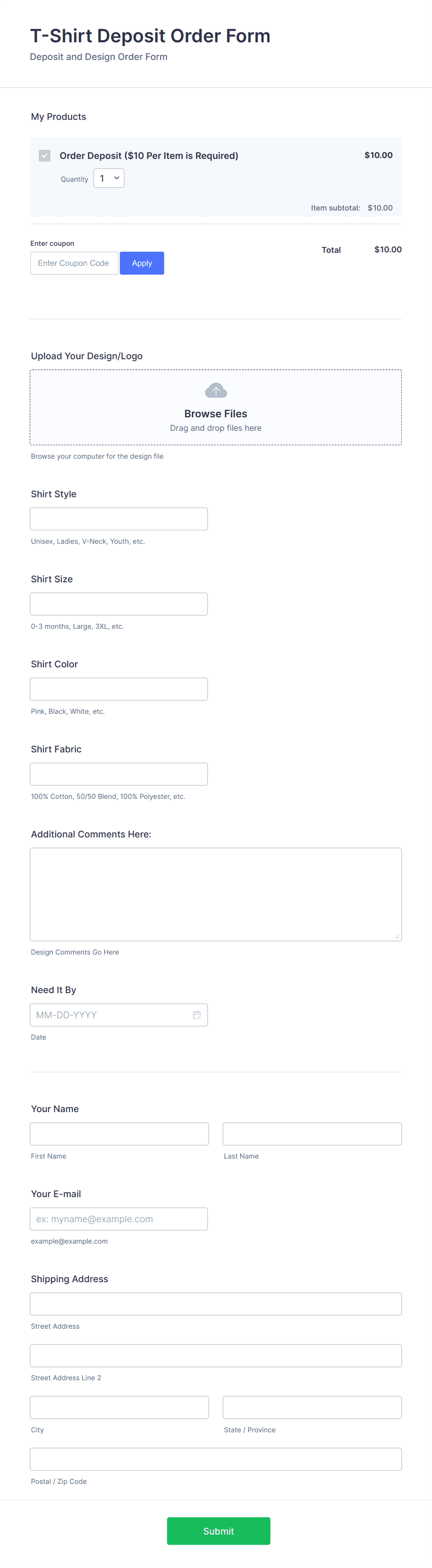 T-shirt Deposit Order Form Template | Jotform