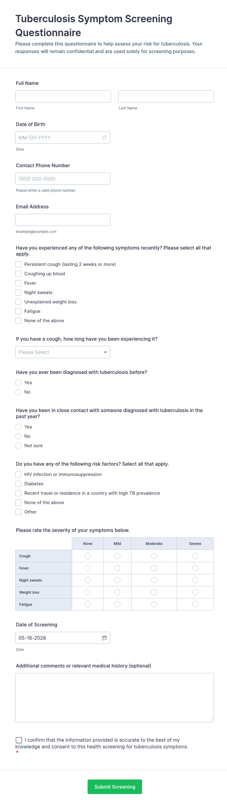 Tuberculosis Symptom Screening Questionnaire Form Template | Jotform