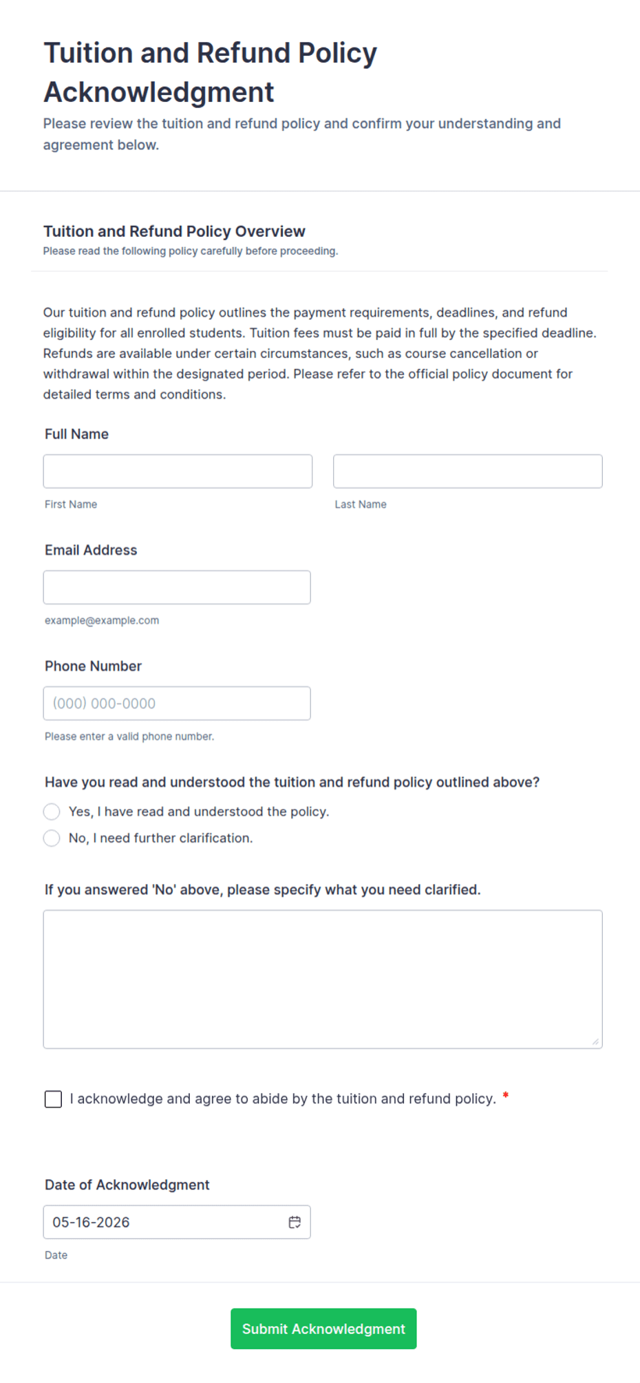 Tuition and Refund Policy Acknowledgment Form Template | Jotform