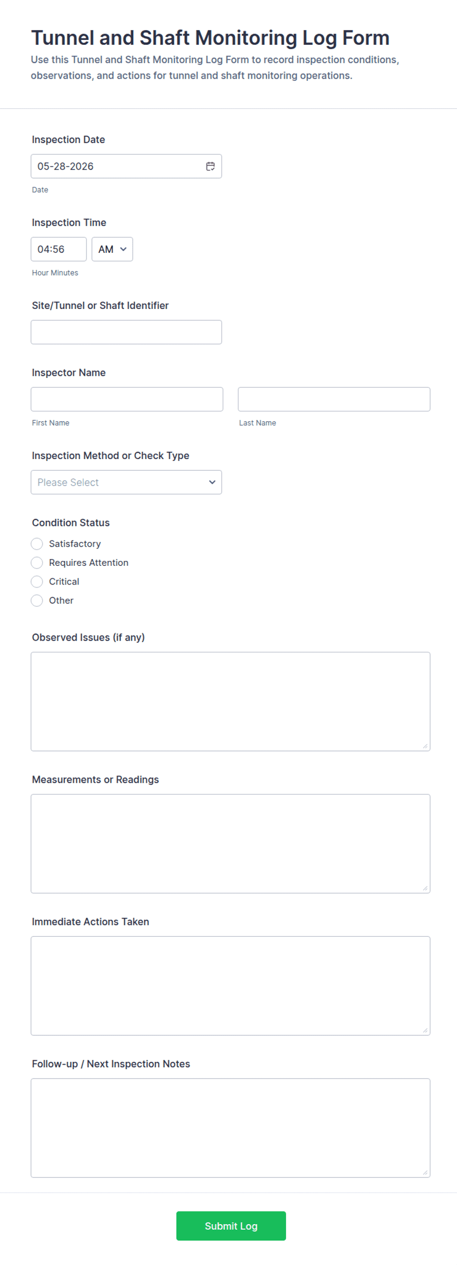 Tunnel and Shaft Monitoring Log Form Template | Jotform