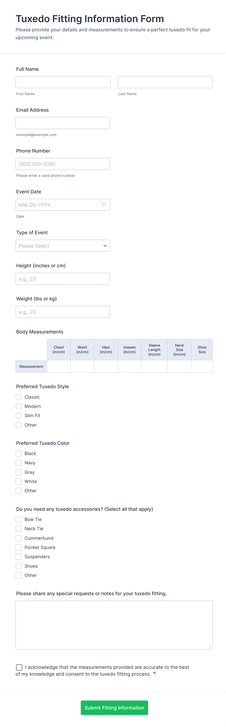 Tuxedo Fitting Information Form Template | Jotform
