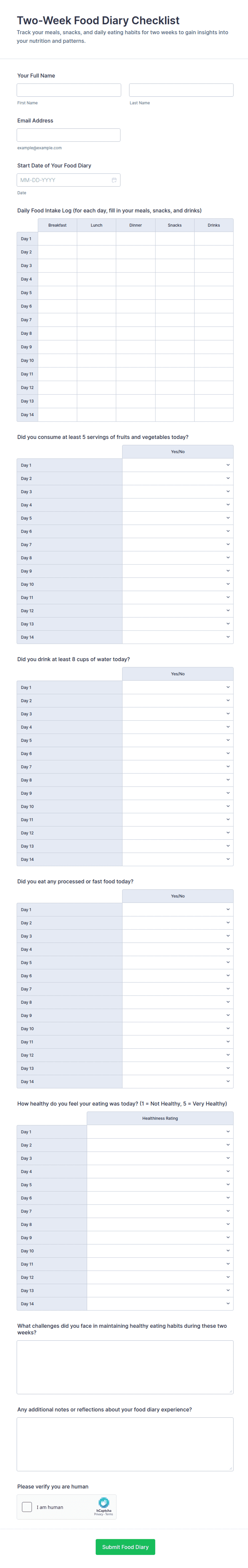 Two-Week Food Diary Checklist Form Template | Jotform