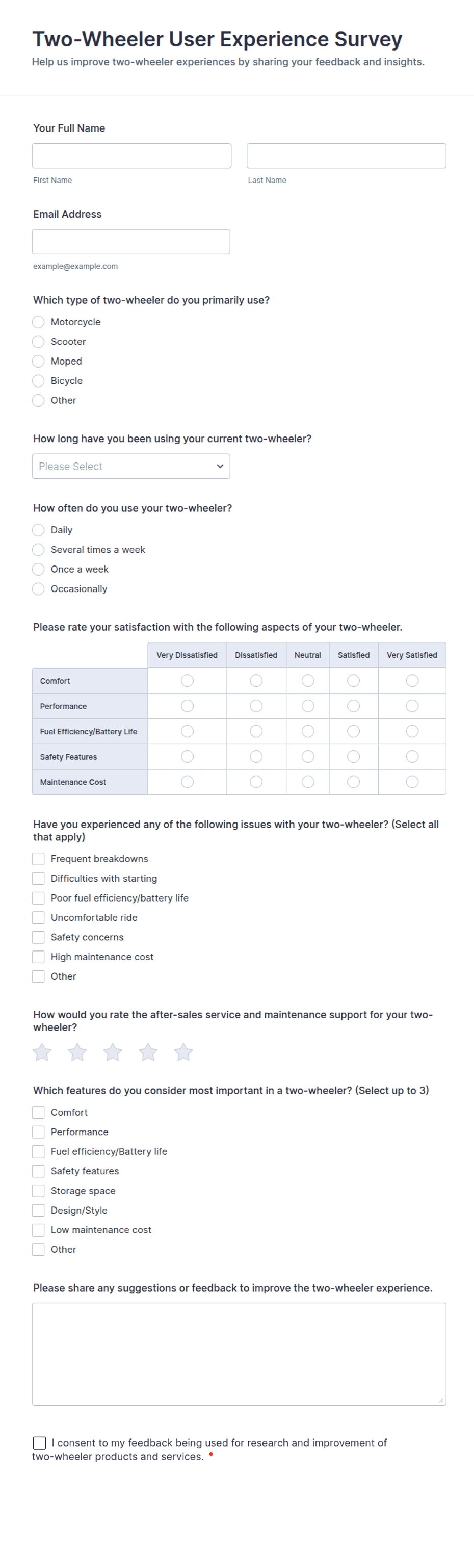 Two-Wheeler User Experience Survey Form Template | Jotform
