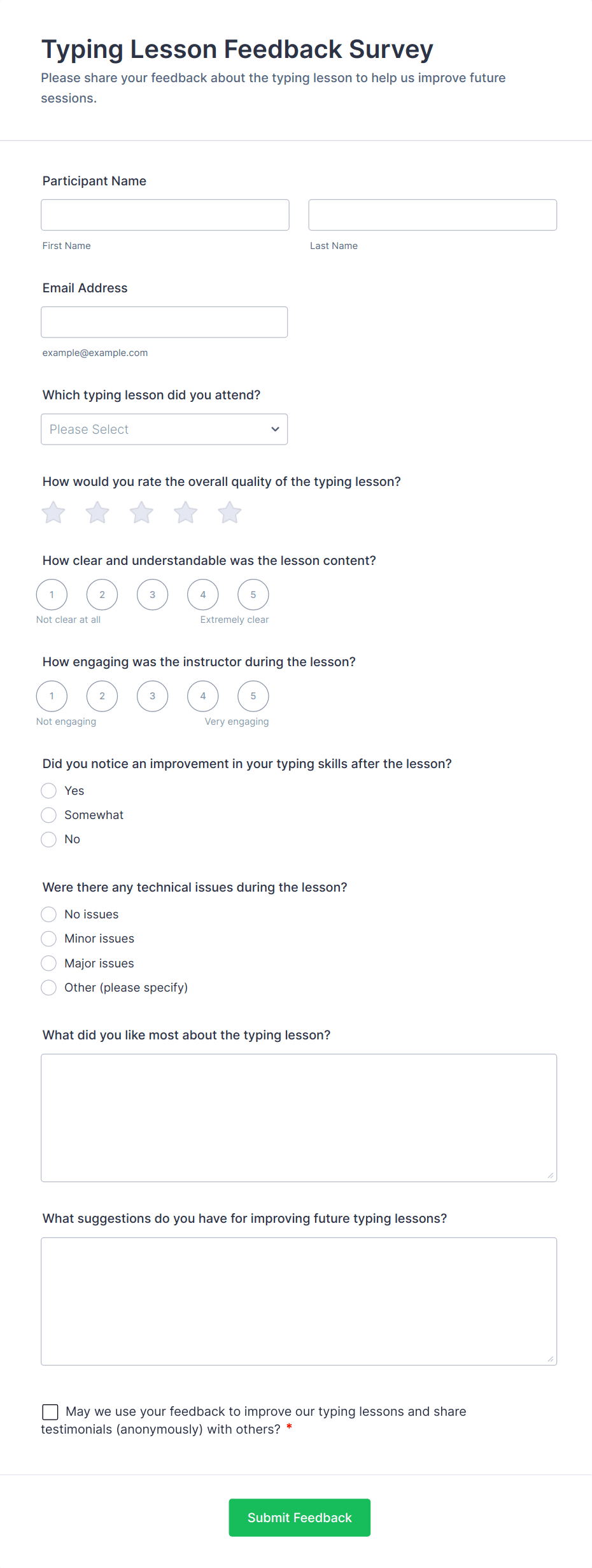 Typing Lesson Feedback Survey Form Template | Jotform