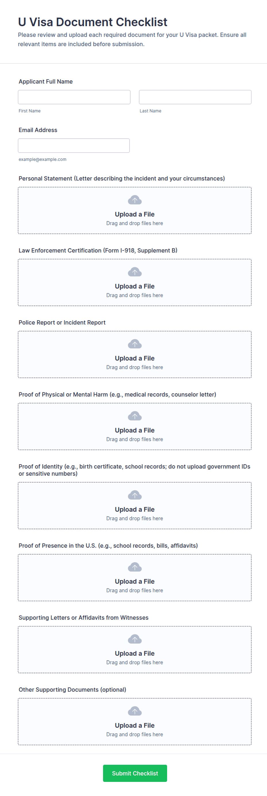 U Visa Document Checklist Form Template | Jotform