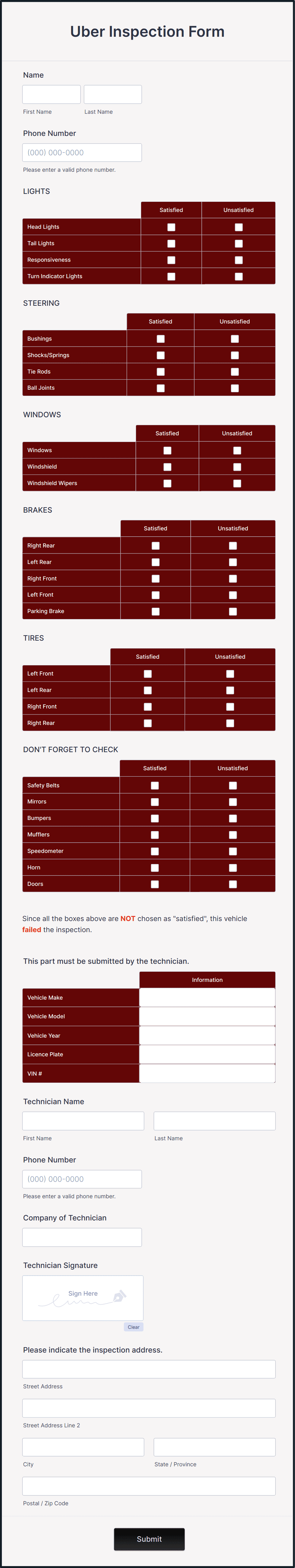 Uber Inspection Form Printable