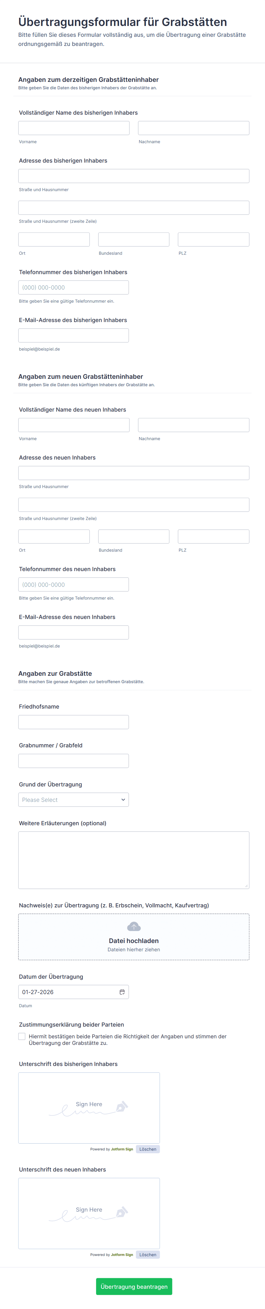 Übertragungsformular für Grabstätten | Jotform