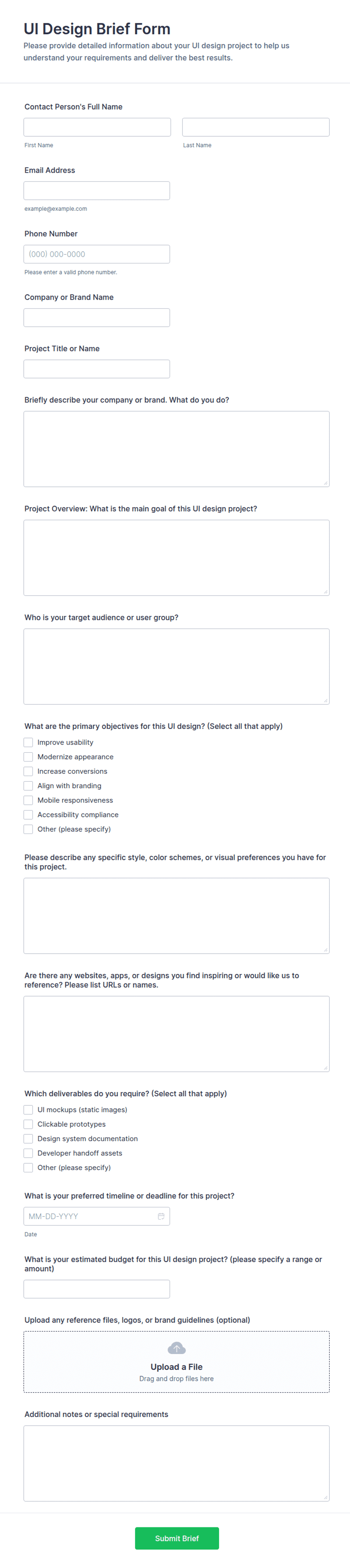 UI Design Brief Form Template | Jotform