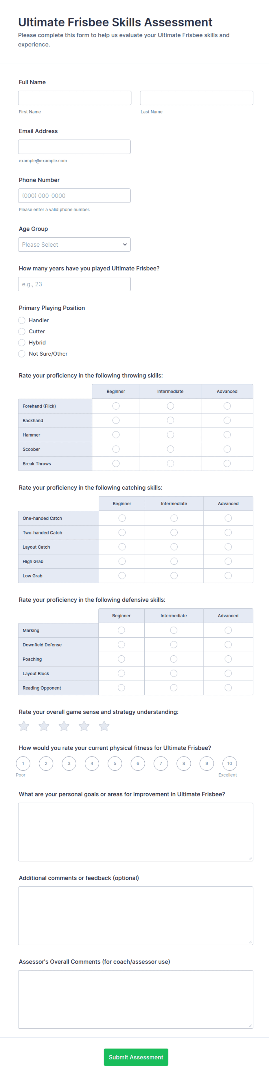Ultimate Frisbee Skills Assessment Form Template | Jotform