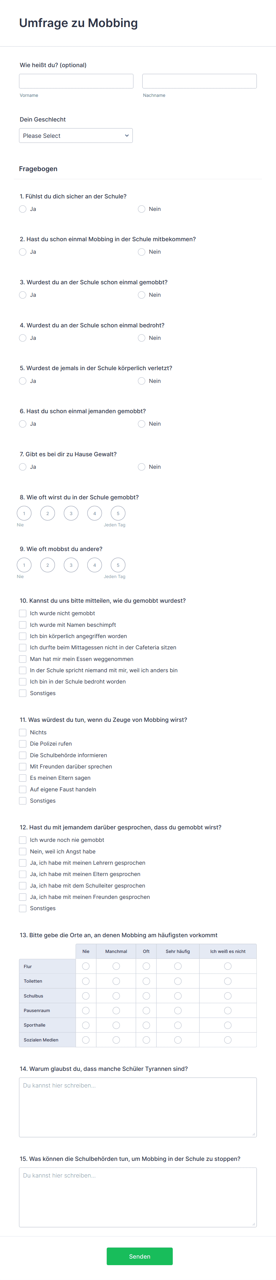 Umfrage zu Mobbing Formularvorlage | Jotform