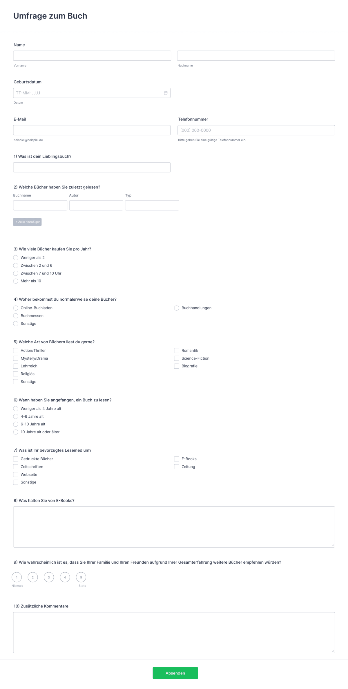 Umfrage zum Buch Formularvorlage | Jotform