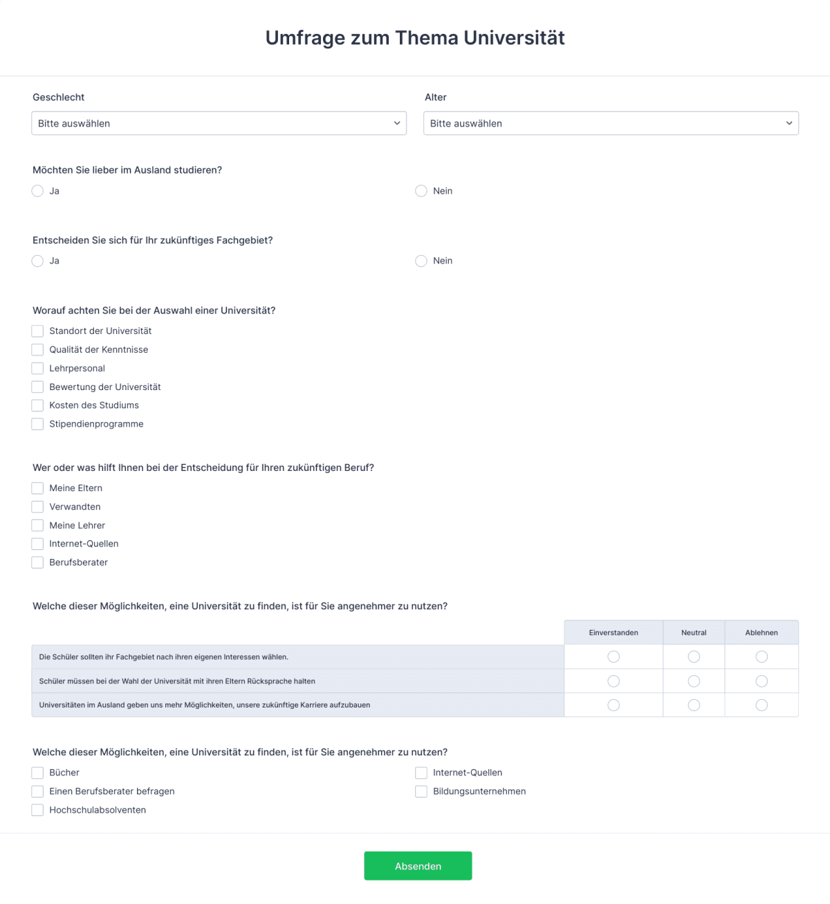 Umfrage zum Thema Universität Formularvorlage | Jotform