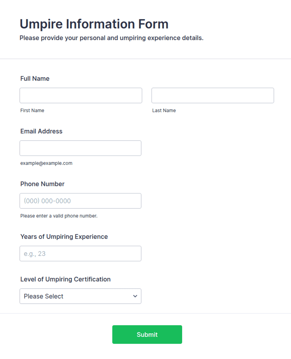 Umpire Information Form Template | Jotform