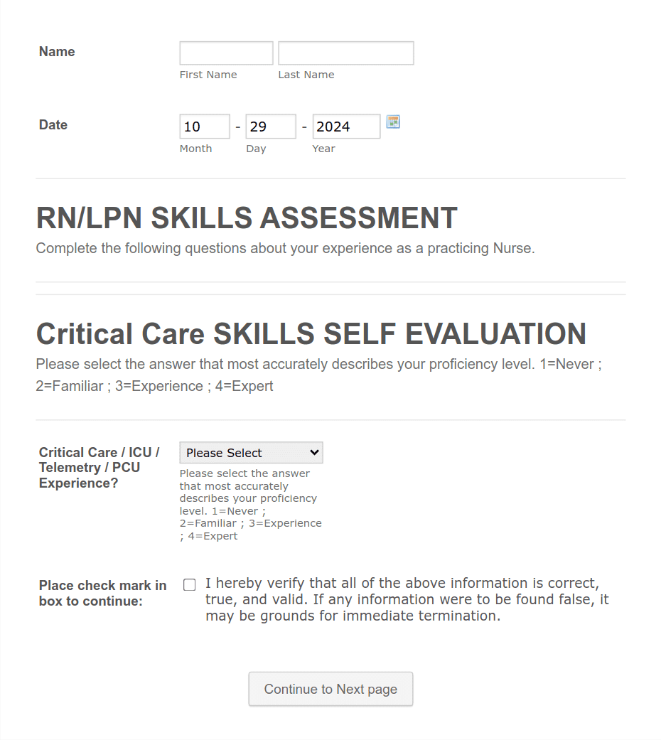 ICU Skills Assessment Form Template | Jotform