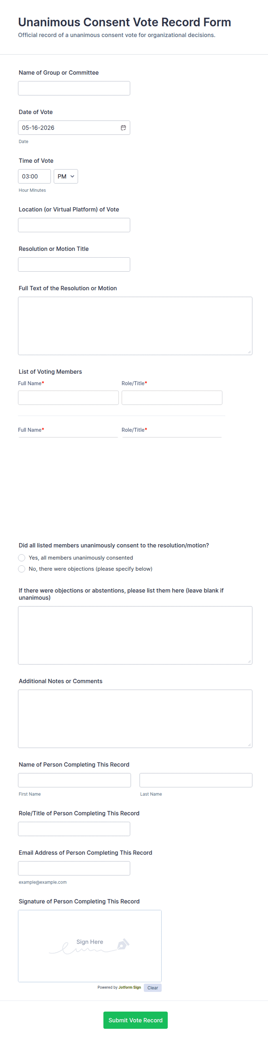 Unanimous Consent Vote Record Form Template | Jotform