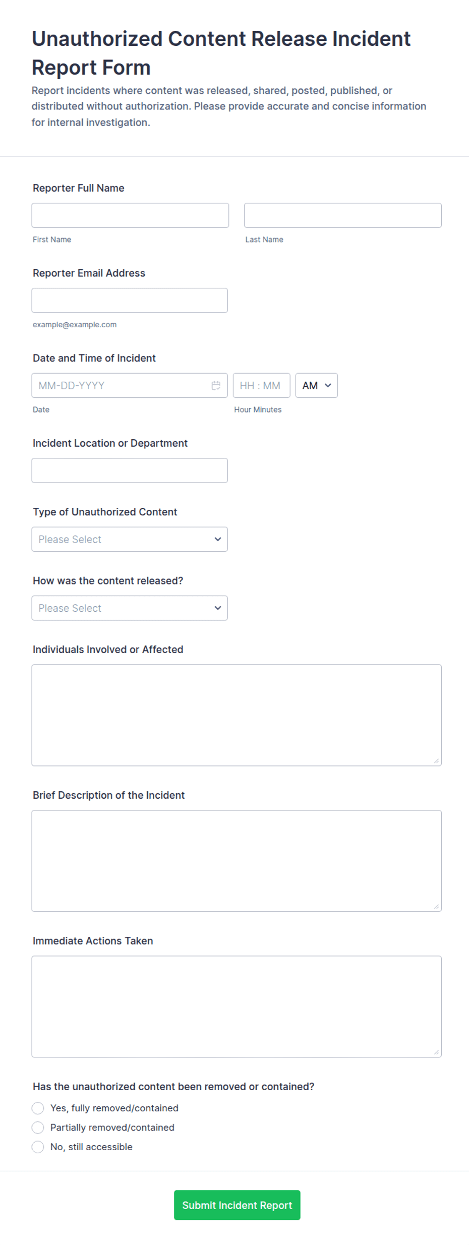 Unauthorized Content Release Incident Report Form Template | Jotform