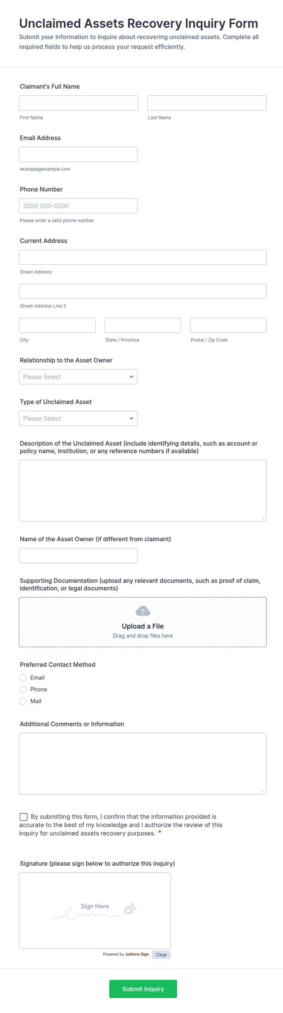 Unclaimed Assets Recovery Inquiry Form Template | Jotform