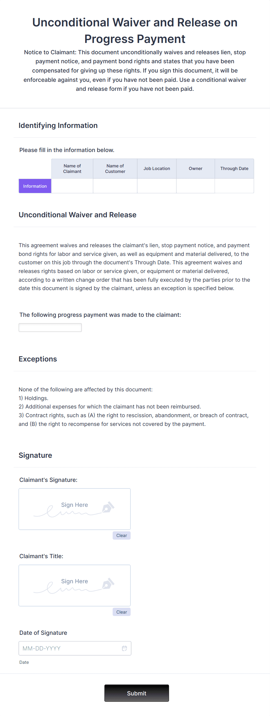 Unconditional Release Form Template | Jotform