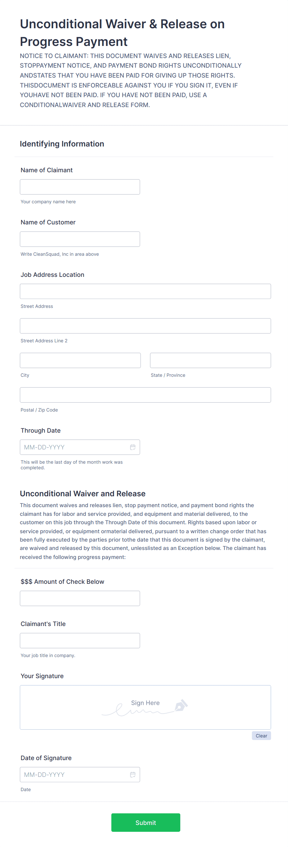 Unconditional Waiver & Release on Progress Payment Form Template | Jotform