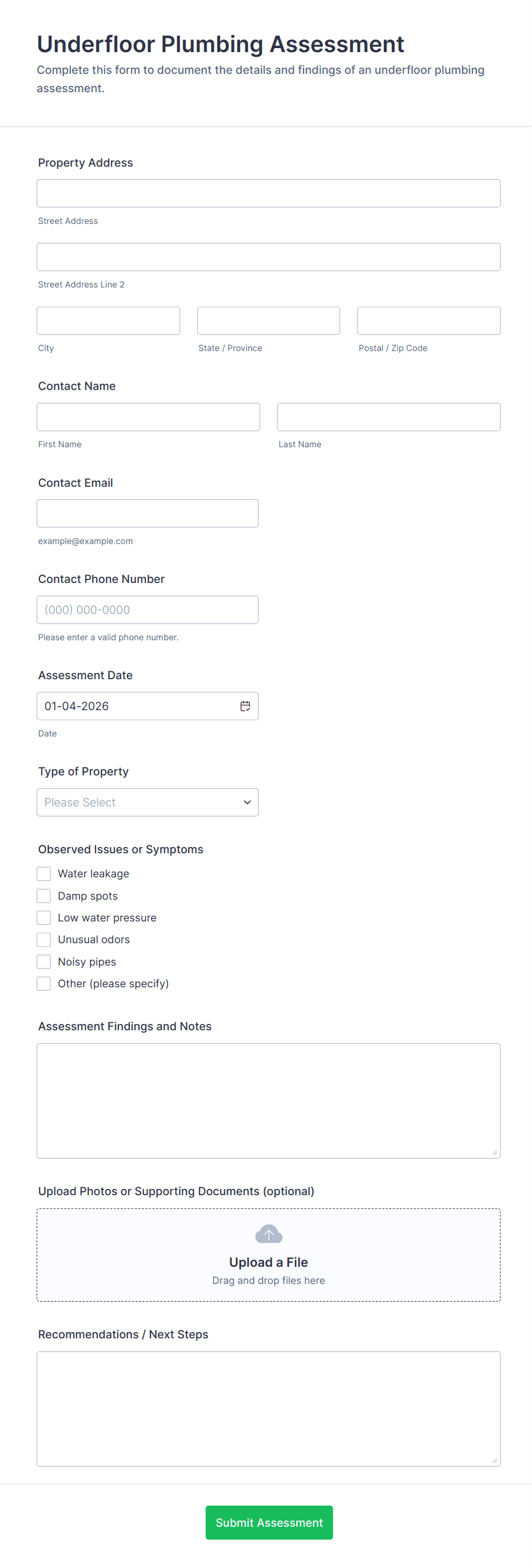 Underfloor Plumbing Assessment Form Template | Jotform