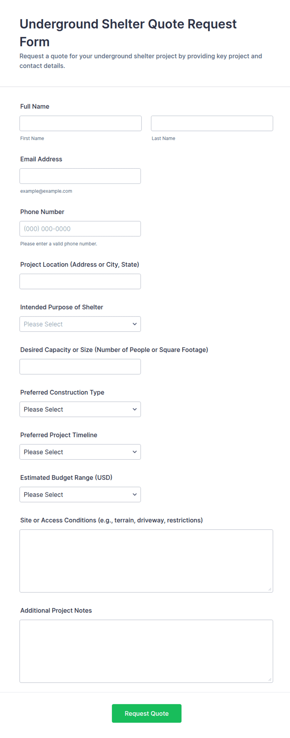 Underground Shelter Quote Request Form Template | Jotform