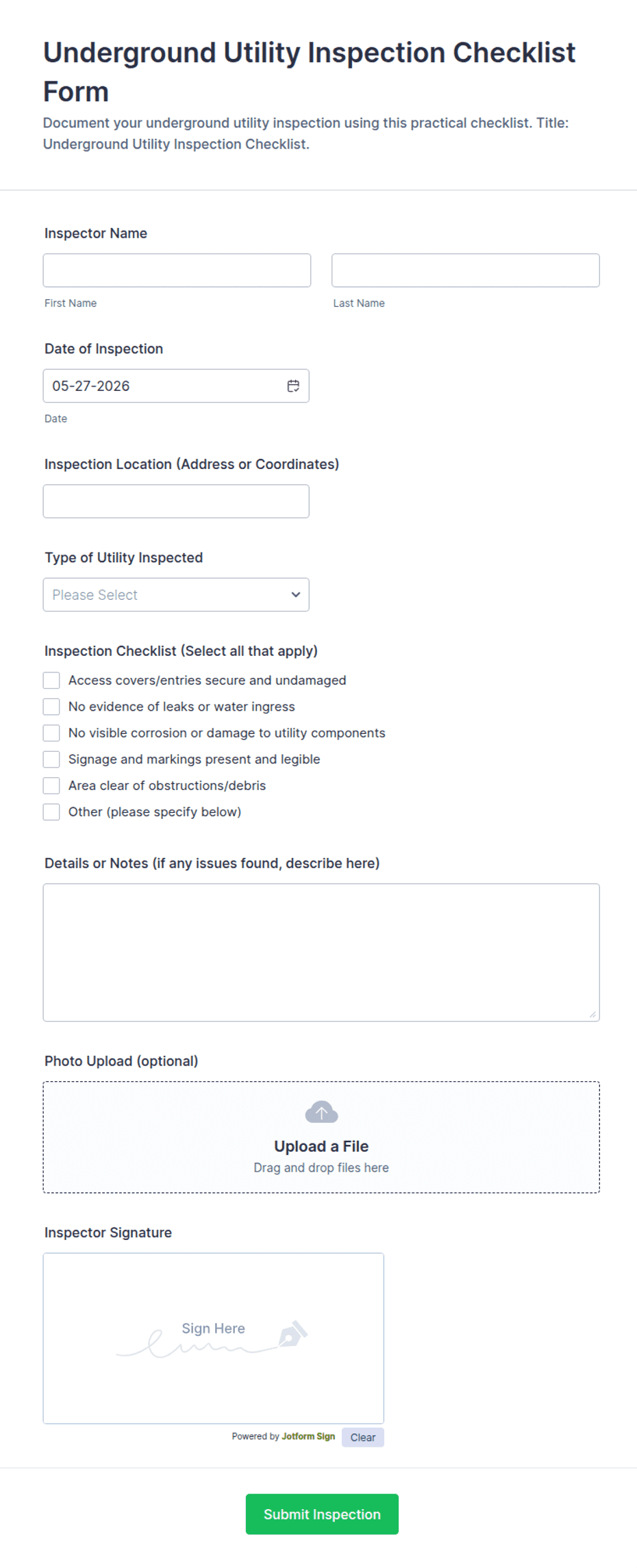 Underground Utility Inspection Checklist Form Template | Jotform