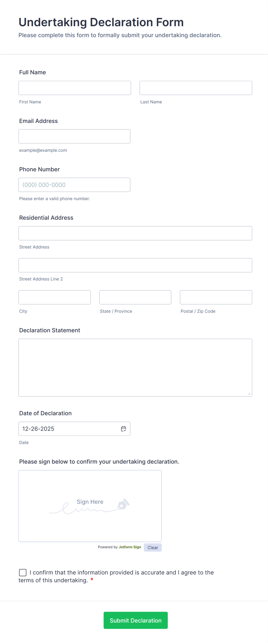 Undertaking Declaration Form Template | Jotform