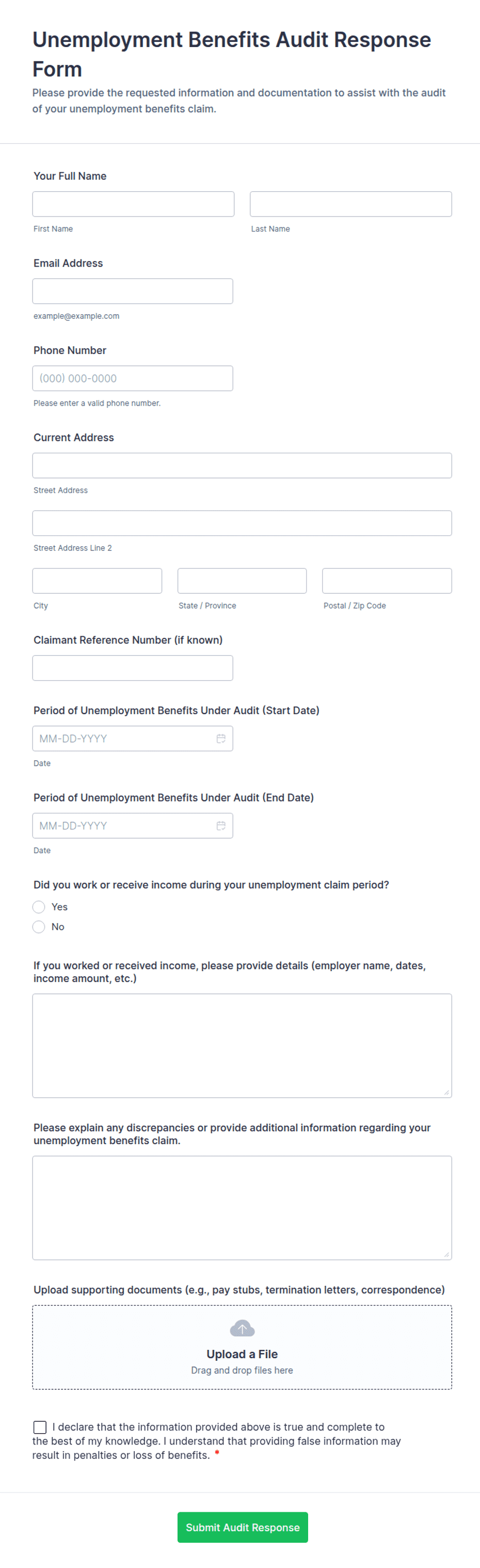 Unemployment Benefits Audit Response Form Template | Jotform