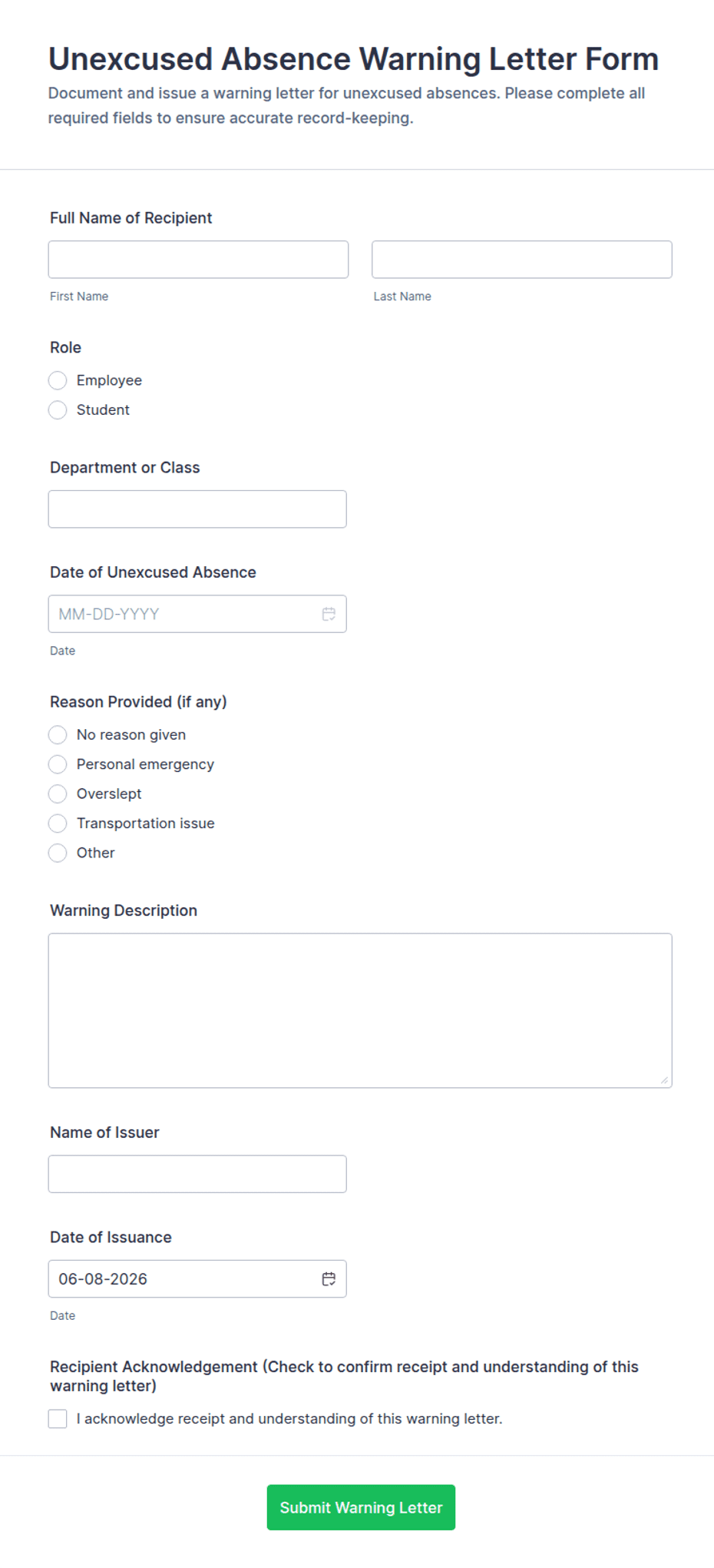 Unexcused Absence Warning Letter Form Template | Jotform