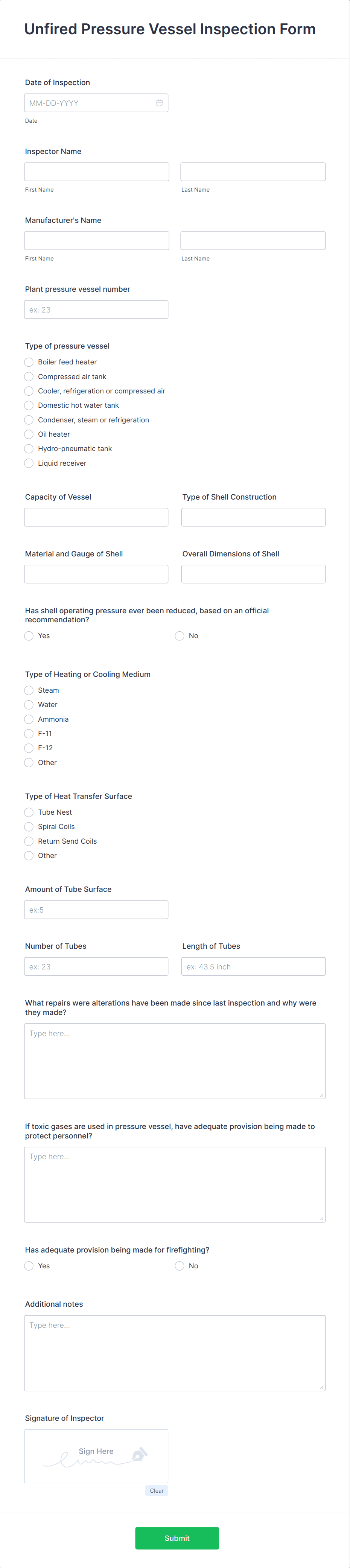 Unfired Pressure Vessel Inspection Form Template | Jotform