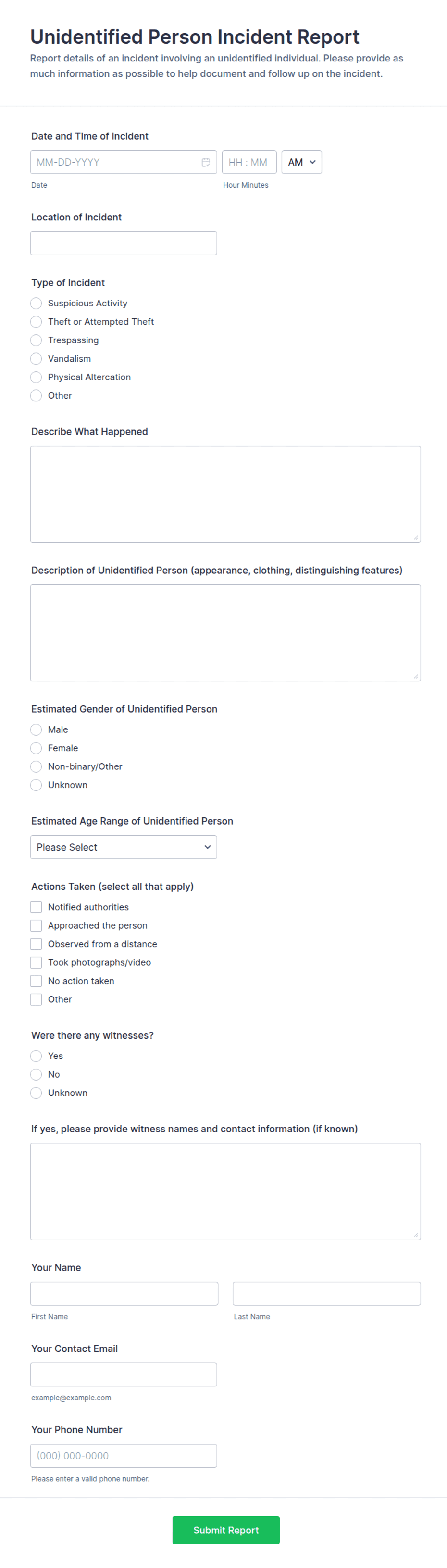 Unidentified Person Incident Report Form Template | Jotform
