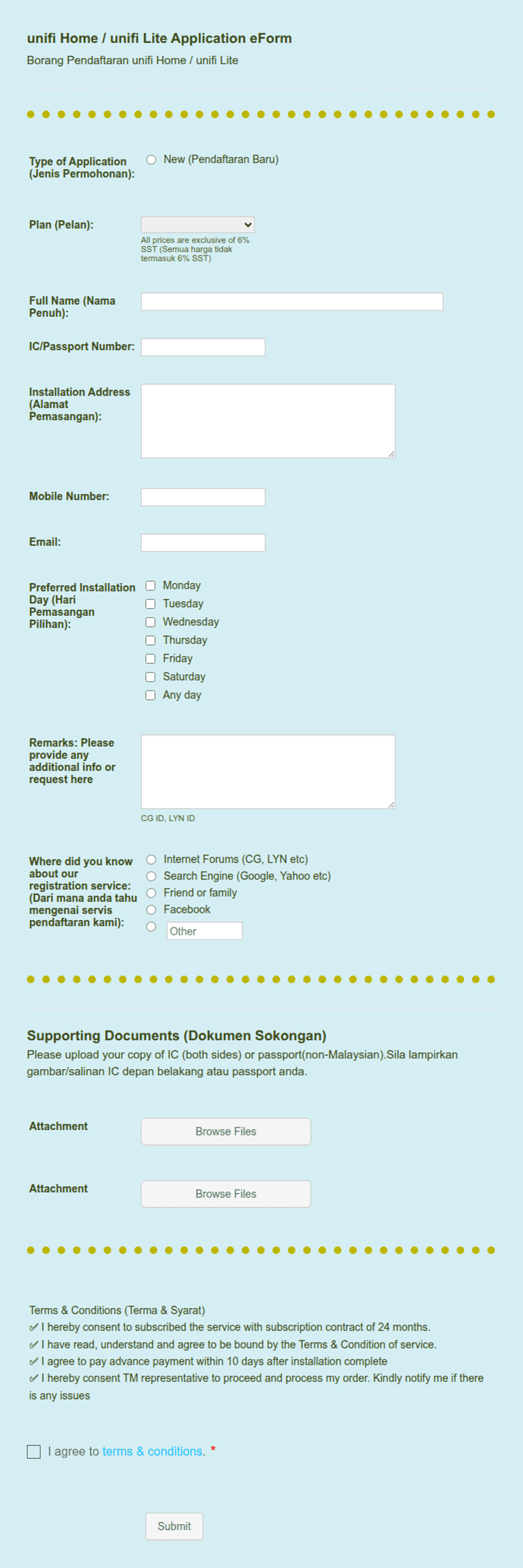 Borang Pendaftaran unifi Form Template | Jotform