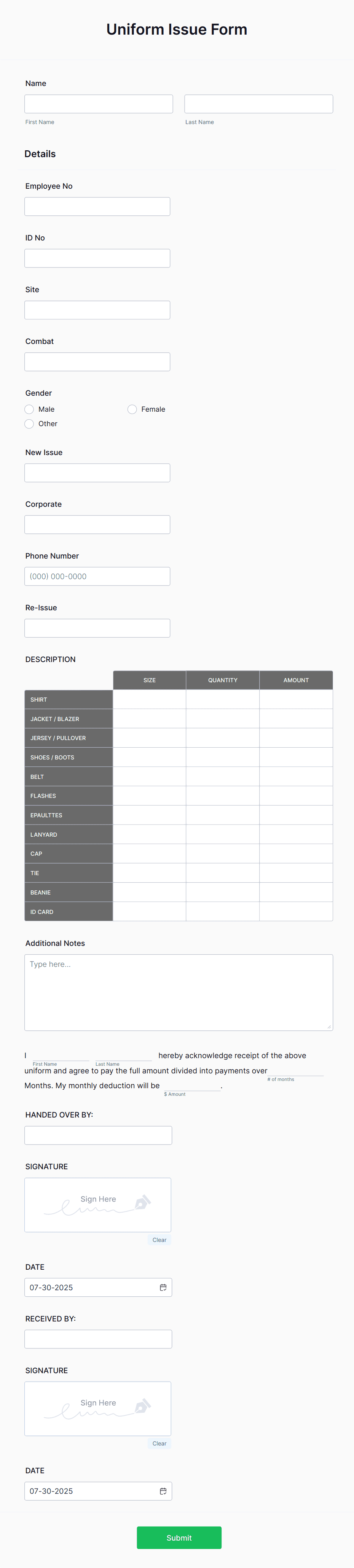 Uniform Issue Form Template | Jotform