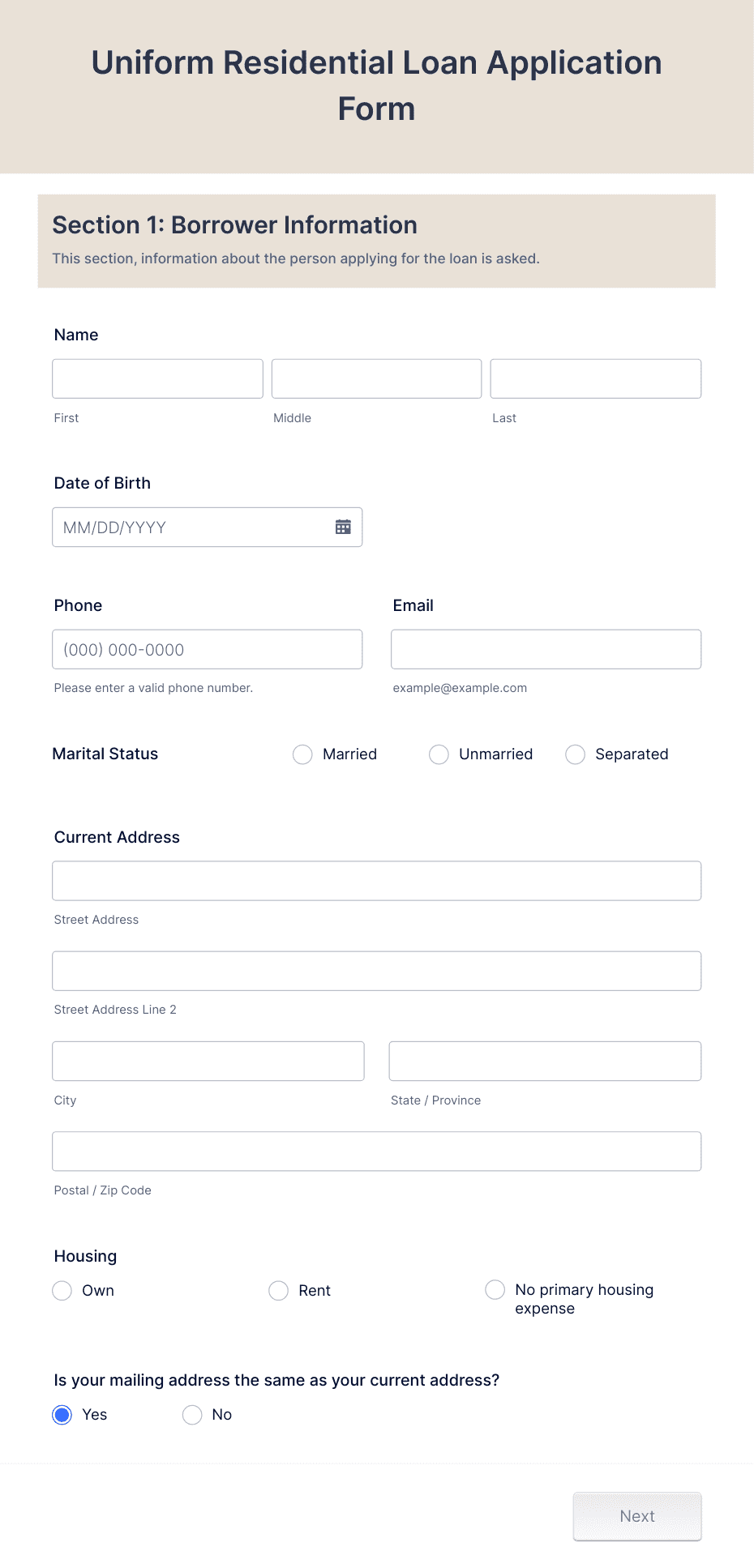 Uniform Residential Loan Application Form Template | Jotform