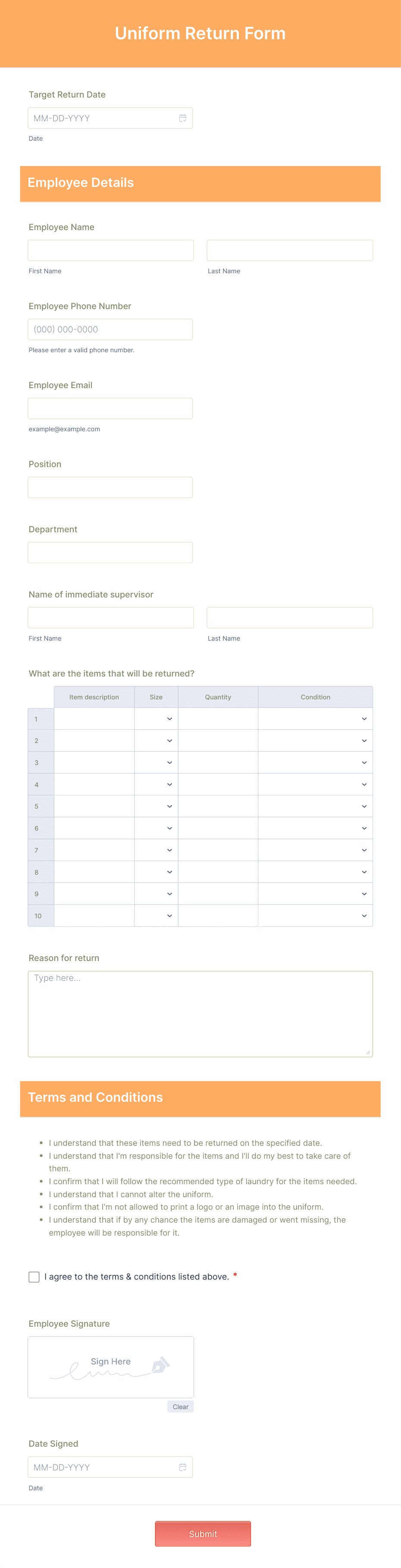Uniform Return Form Template | Jotform